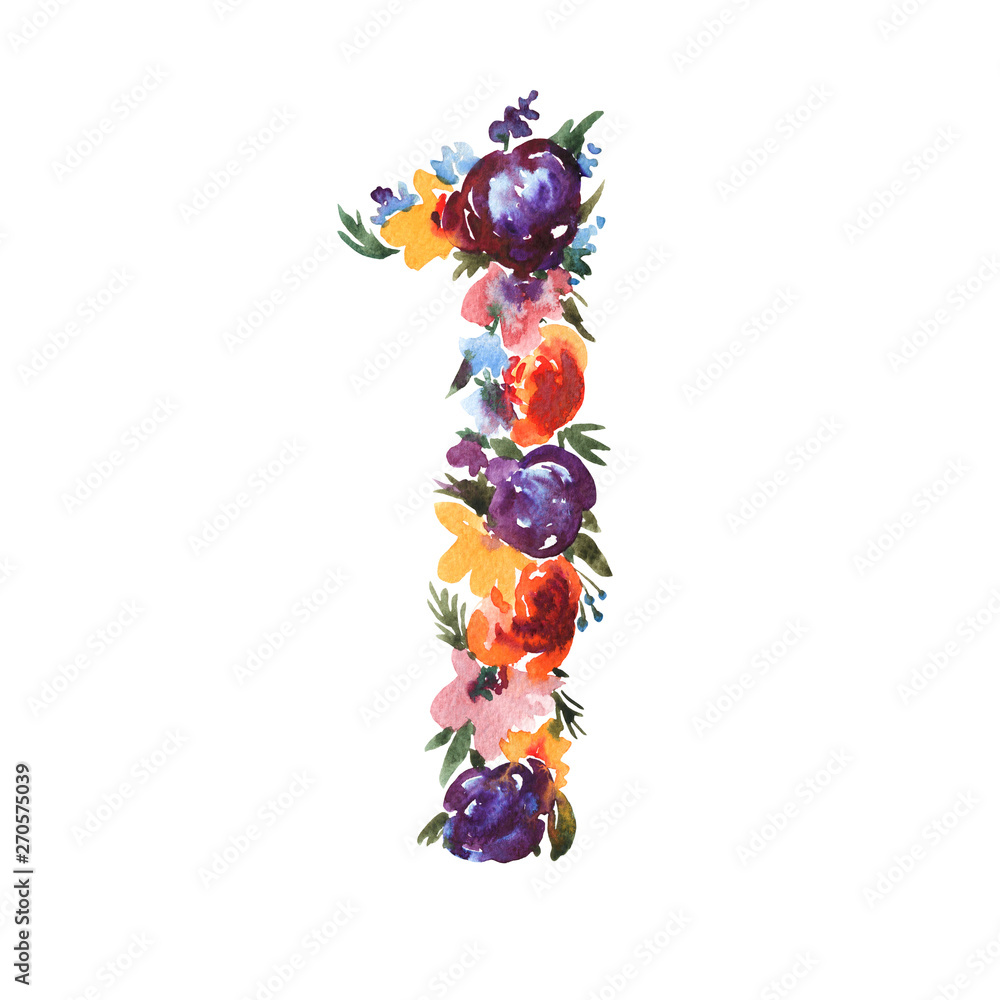 Watercolor Floral Number 1 Isolated on White Background. Floral Symbols ...