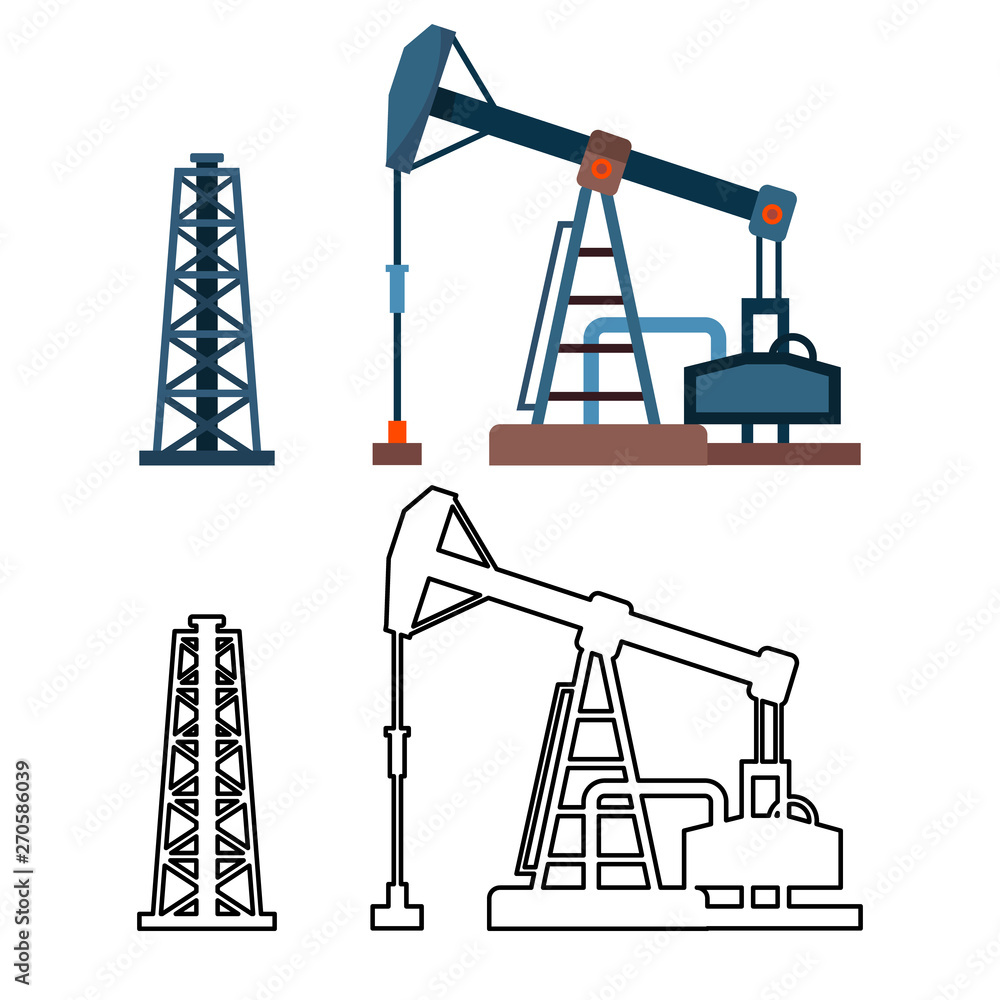Drawn Industrial Equipment Oil Pump Rig Set Vector. Colorful And ...