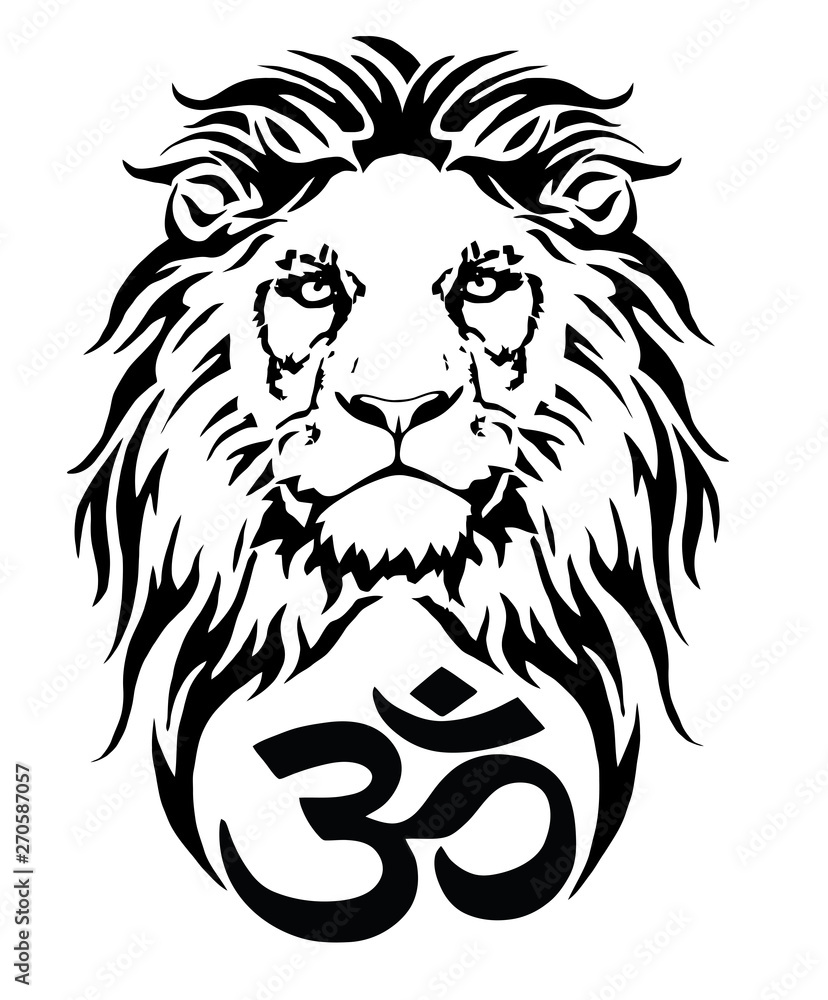 Lion and the symbol of Hindu (OM), drawing for tattoo, on a white ...