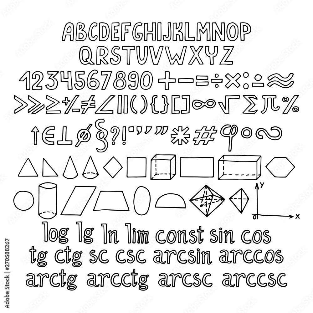 School math signs and symbols, numbers, alphabet and geometric shapes ...