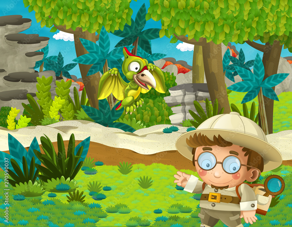 cartoon scene with professor in the jungle with pterosaur illustration ...