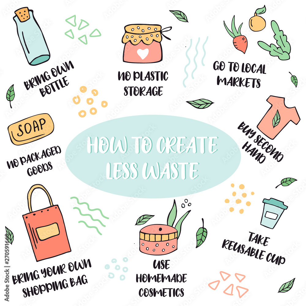 No waste concept with tips and hand drawn utensils Stock Vector | Adobe ...