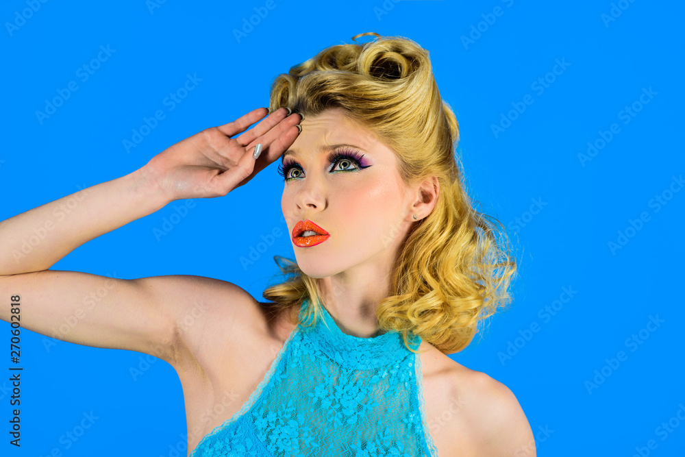 Retro woman touching head. Overwork or headache concept. Pensive female ...