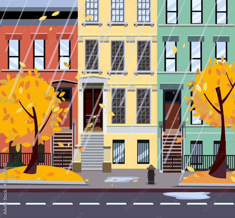 Flat cartoon illustration of autumn rainy city street. Three-four-story ...