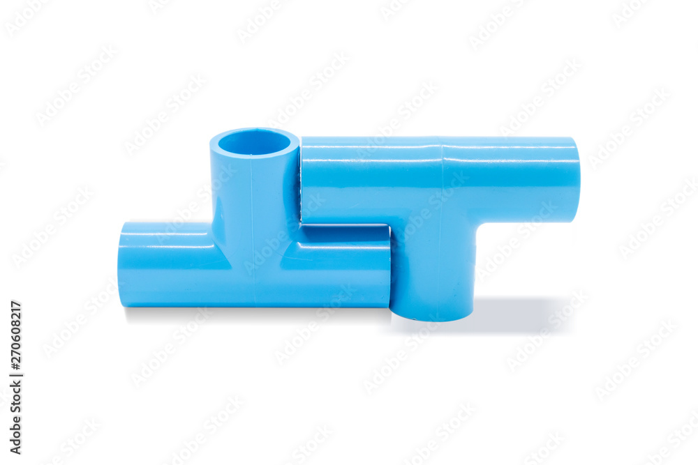 Blue pvc plastic pipe T-joint fitting connect 3 pipe isolated white ...