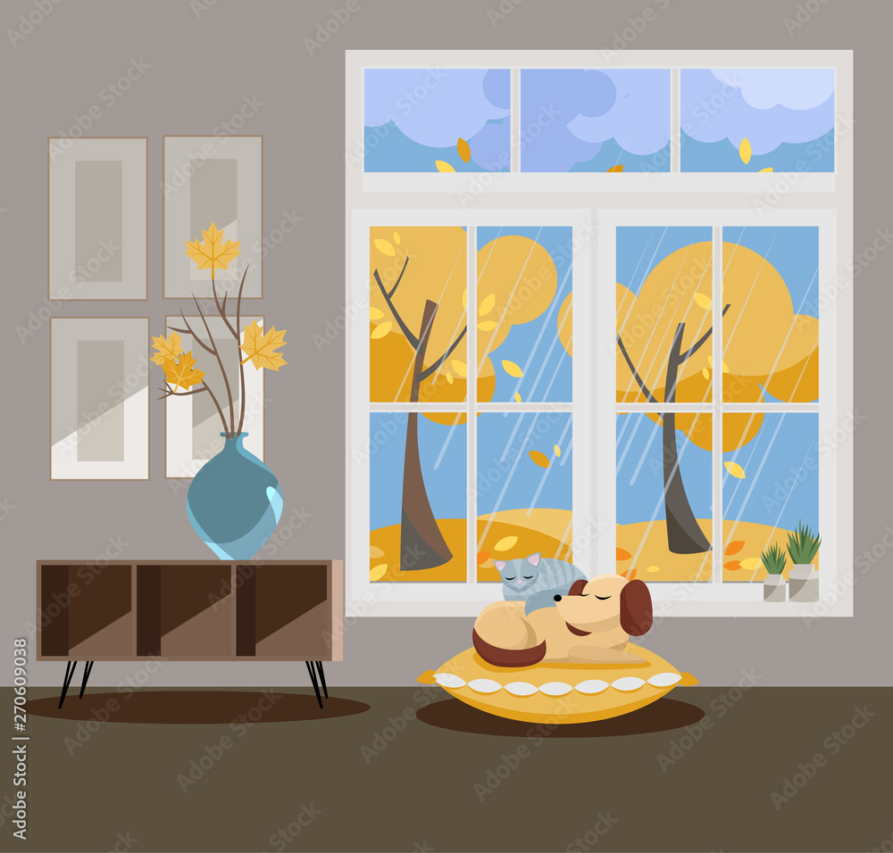 Window with a view of yellow trees and flying leaves. Autumn interior ...