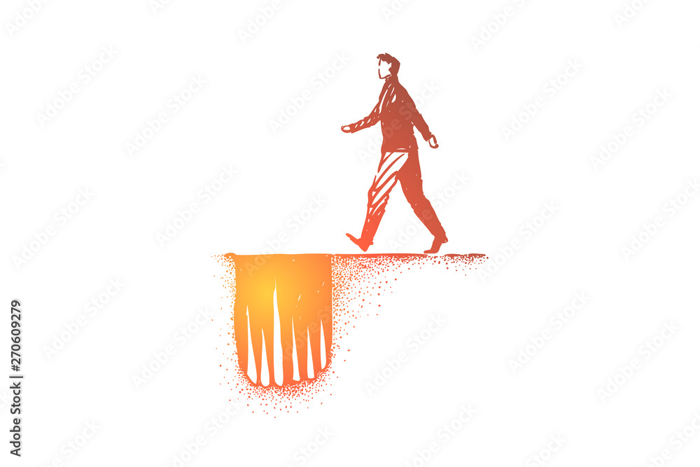 Dangerous path metaphor, man moving to hole trap with sharp spikes ...