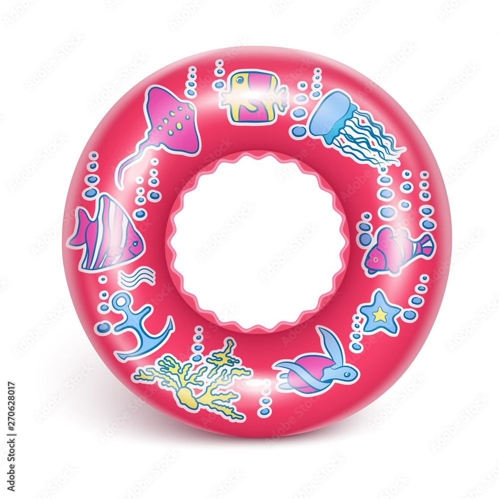 Red swimming circle with a pattern of marine life. Realistic image toy ...