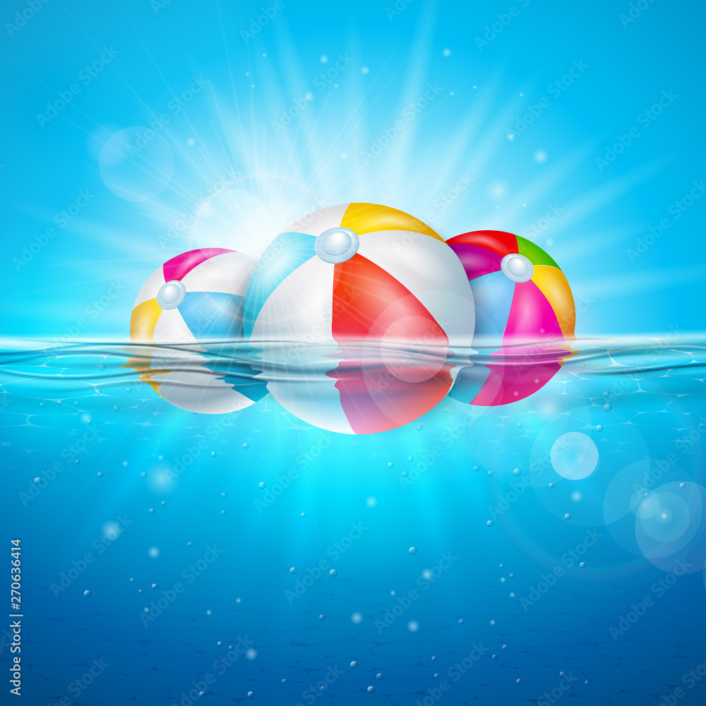 Vector Summer Illustration with Colorful Beach Ball on Underwater Blue ...