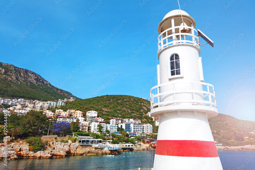 Lighthouse in Kas town, Turkey. Entrance in a sea port. Stock Photo ...