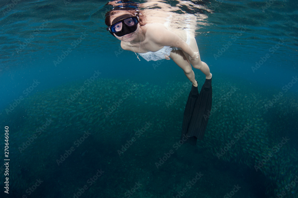 Cute Chinese Girl Swimming with Fins/Flippers Stock Photo | Adobe Stock
