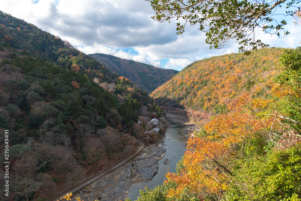 Top view of Hozugawa river with japanese traditional wooden house ...