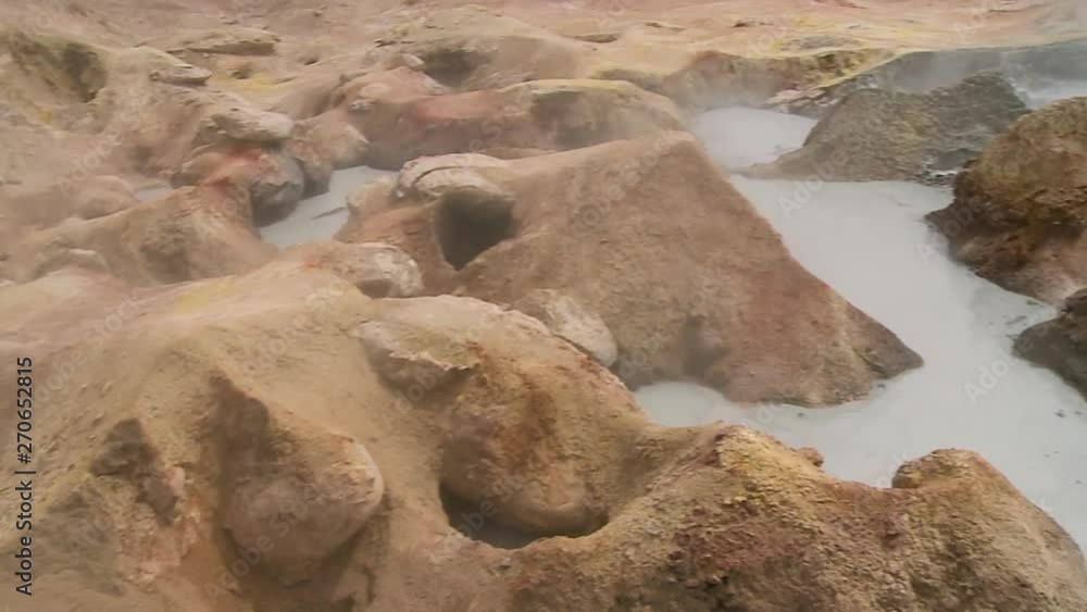 Medium high-angle panning shot of geyser vapour outlets at Uyuni Salt ...