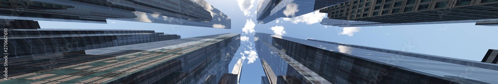 Skyscrapers panoramic view from below, sky with clouds and modern high ...
