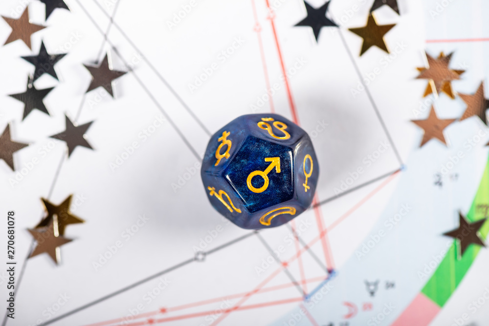 Astrology Dice with symbol of the planet Mars on Natal Chart Background ...
