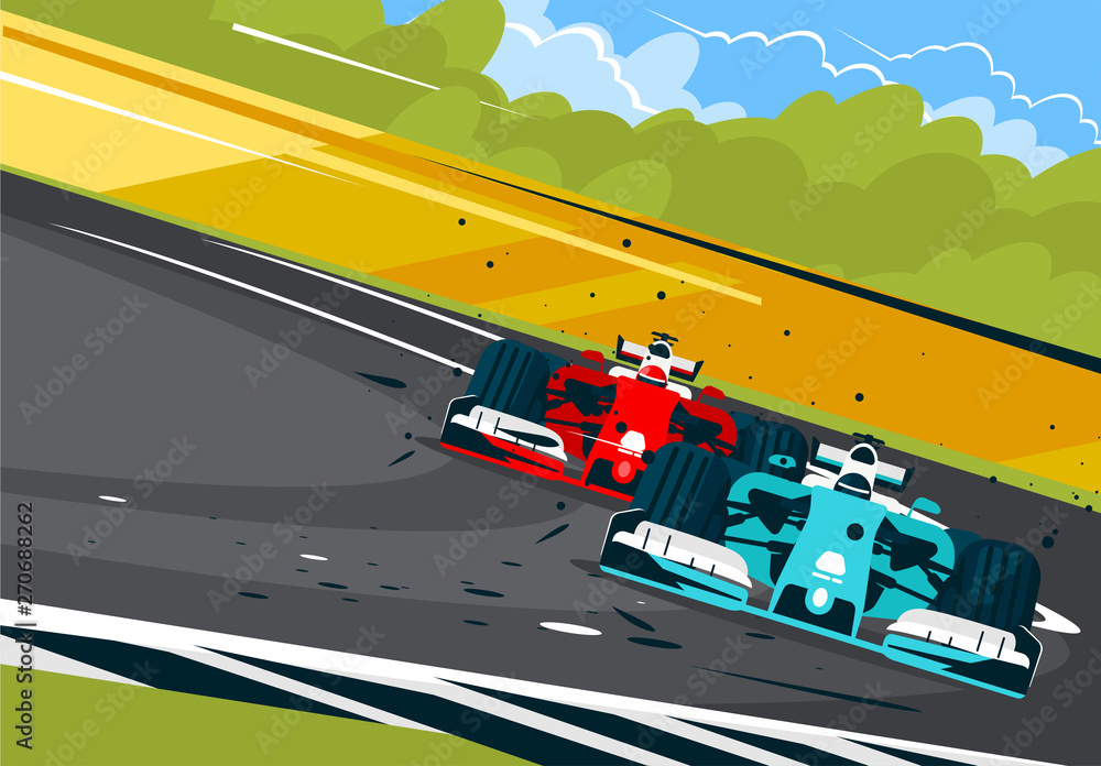 Vector illustration of race cars on the race track in motion, front ...