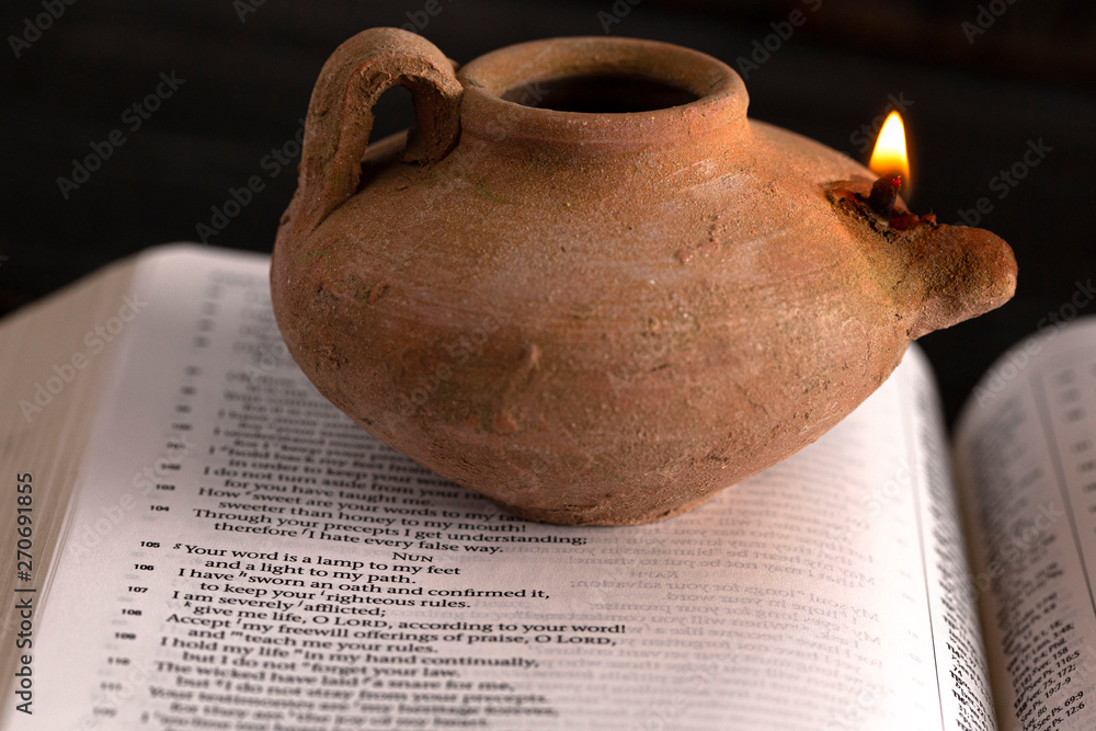 Lit Ancient Oil Lamp with an Open Bible Thy Word is a Lamp Unto My Feet ...