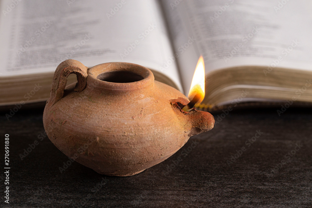 Lit Ancient Oil Lamp with an Open Bible Thy Word is a Lamp Unto My Feet ...