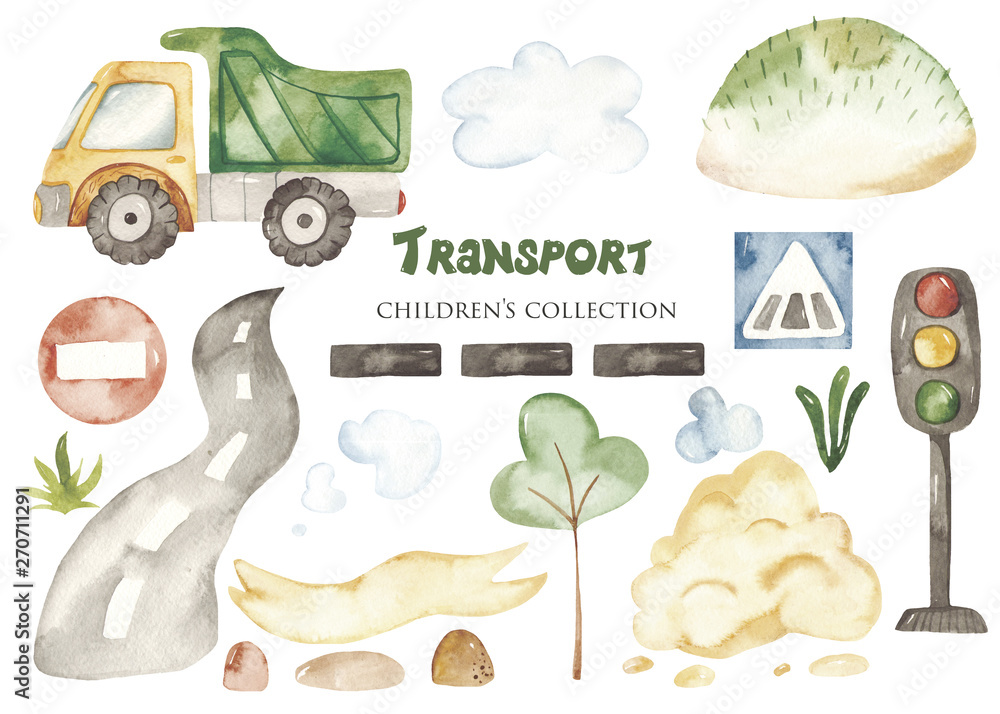 Watercolor set with a cute cartoon kids transport for a boy. Cars, bus ...