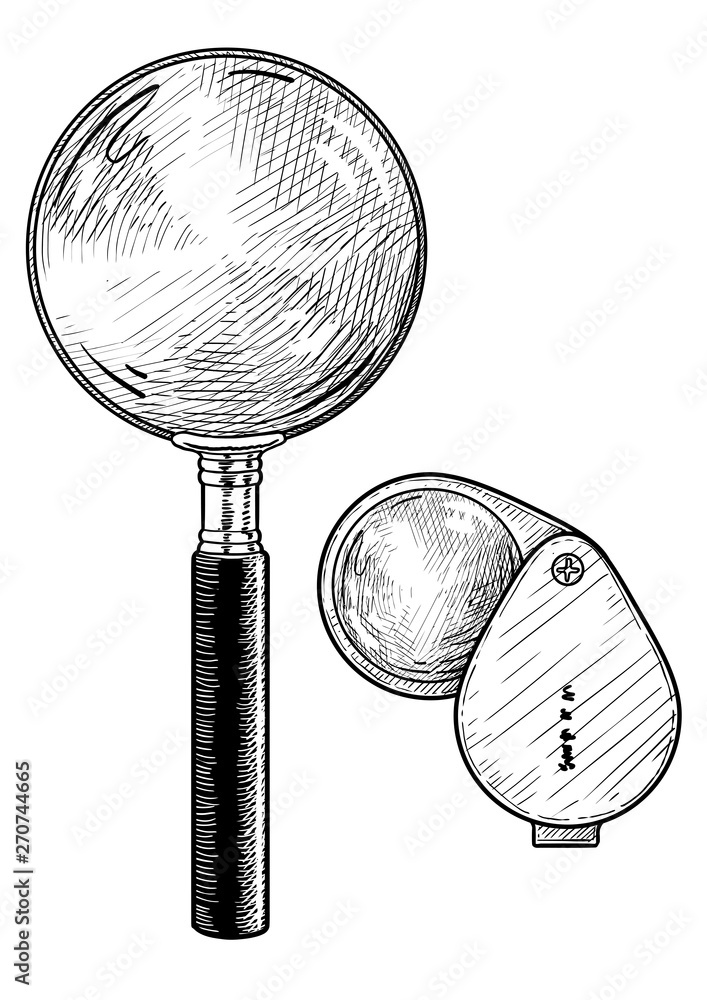 Magnifying glass illustration, drawing, engraving, ink, line art ...