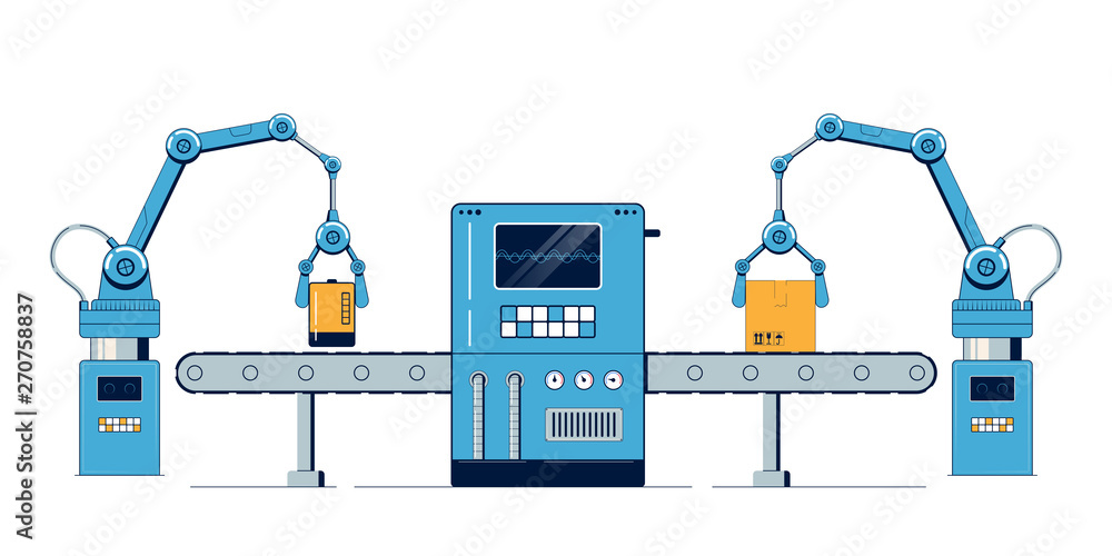 Packing conveyor. The factory conveyor with mechanical arms. Automatic ...