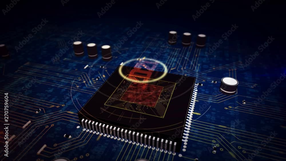 2020 year glowing hologram over working cpu in background. Modern and ...