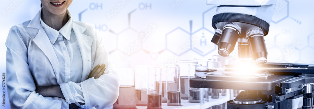 Research and development concept. Double exposure image of scientific ...