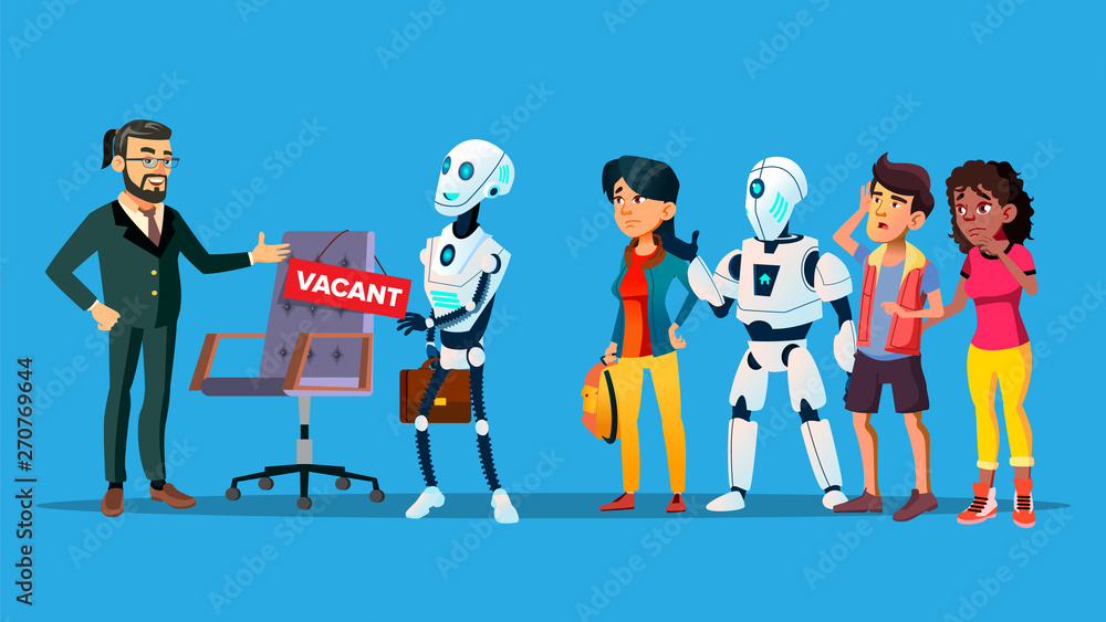 Unemployed Characters Waiting Interview Vector. Unemployed Robot, Young ...