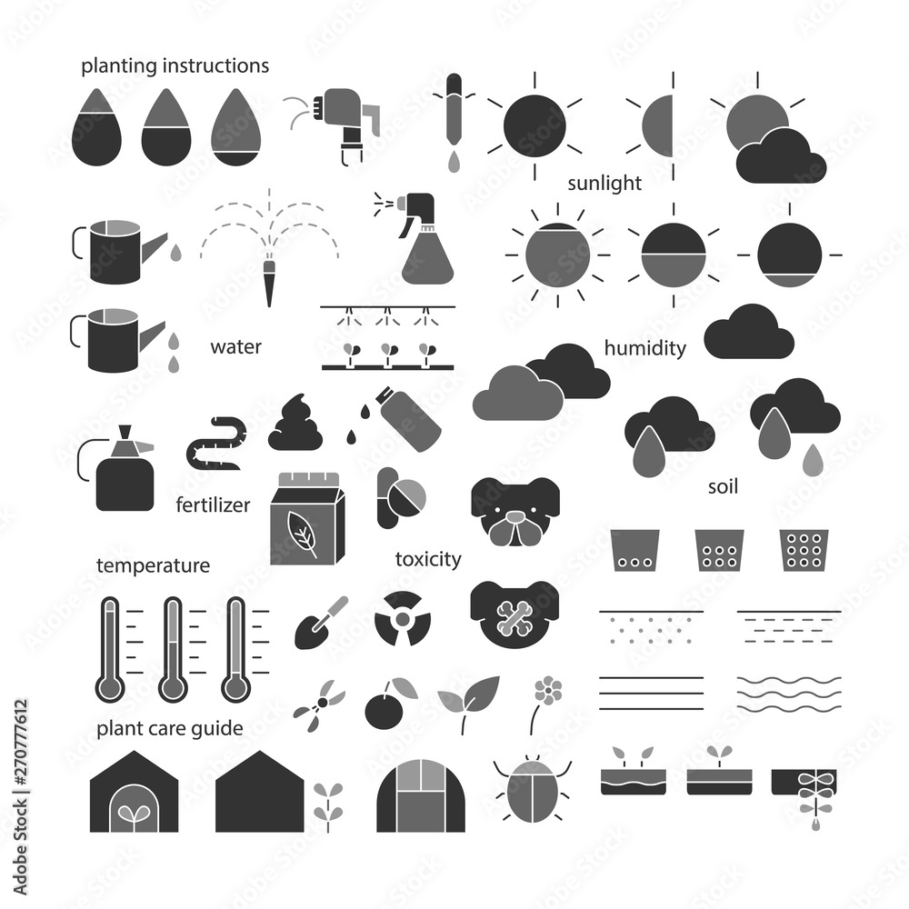 Planting Instruction icon set.plant care guide symbol.gardening.black ...
