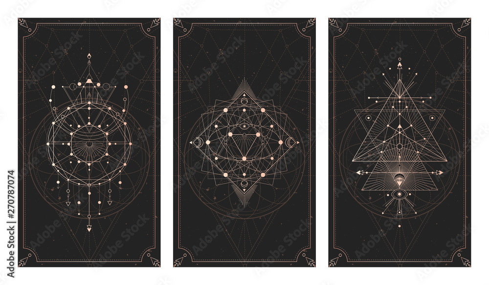 Vector set of three dark backgrounds with geometric symbols, grunge ...