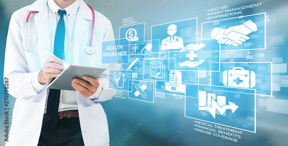 Health Insurance Concept - Doctor in hospital with health insurance ...