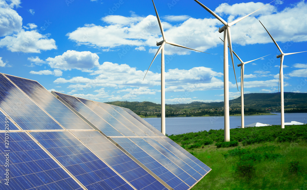 Solar energy panel photovoltaic cell and wind turbine farm power ...