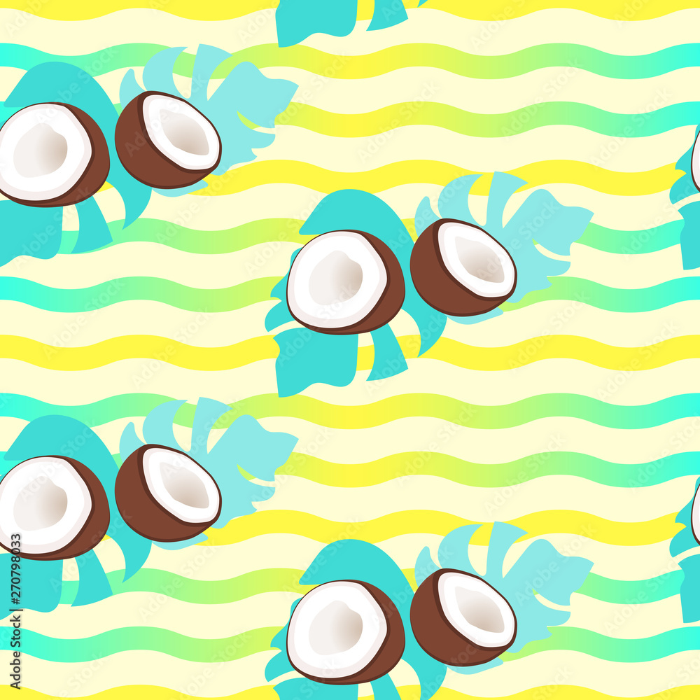 Vector seamless pattern with coconut and tropical leaves on wavy ...