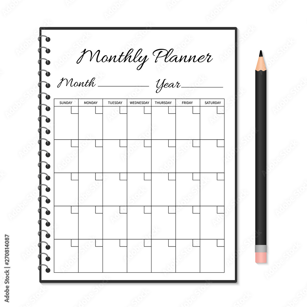Monthly planner template. Blank white notebook page with pencil ...