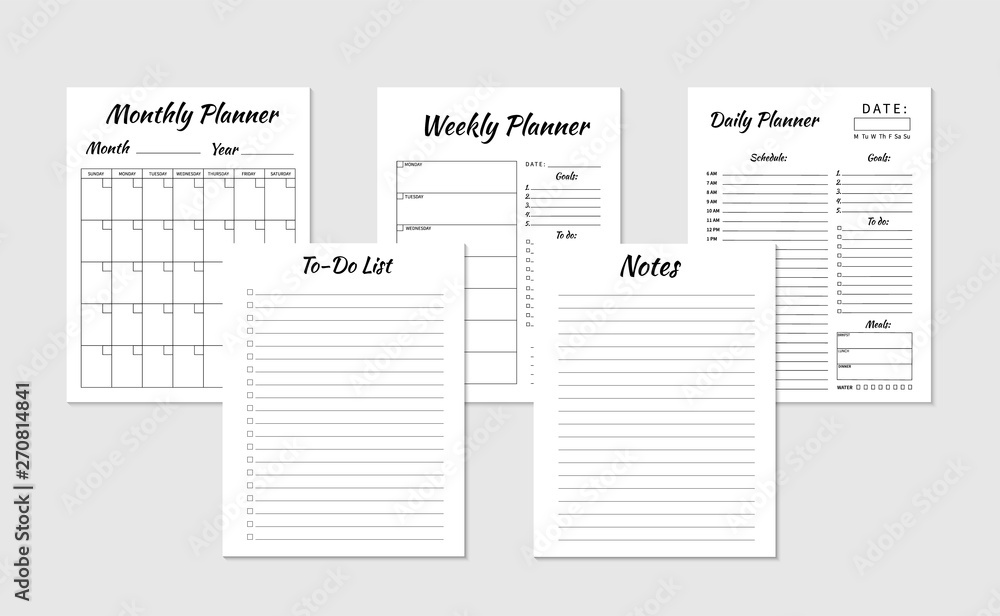 Daily, weekly, monthly planner, to-do list, notes template. Set of ...