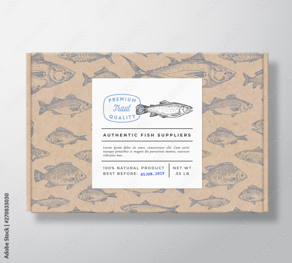 Fish Pattern Realistic Cardboard Box with Banner. Abstract Vector ...