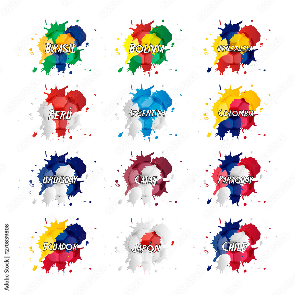 Set of paint splatters and spills in different countries flags colors ...