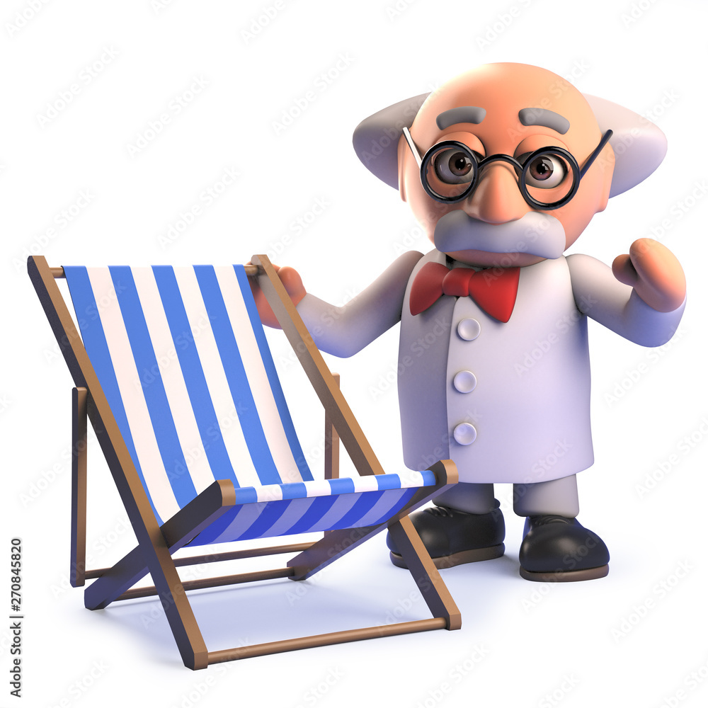 Crazy mad scientist cartoon character in 3d standing next to a holiday ...