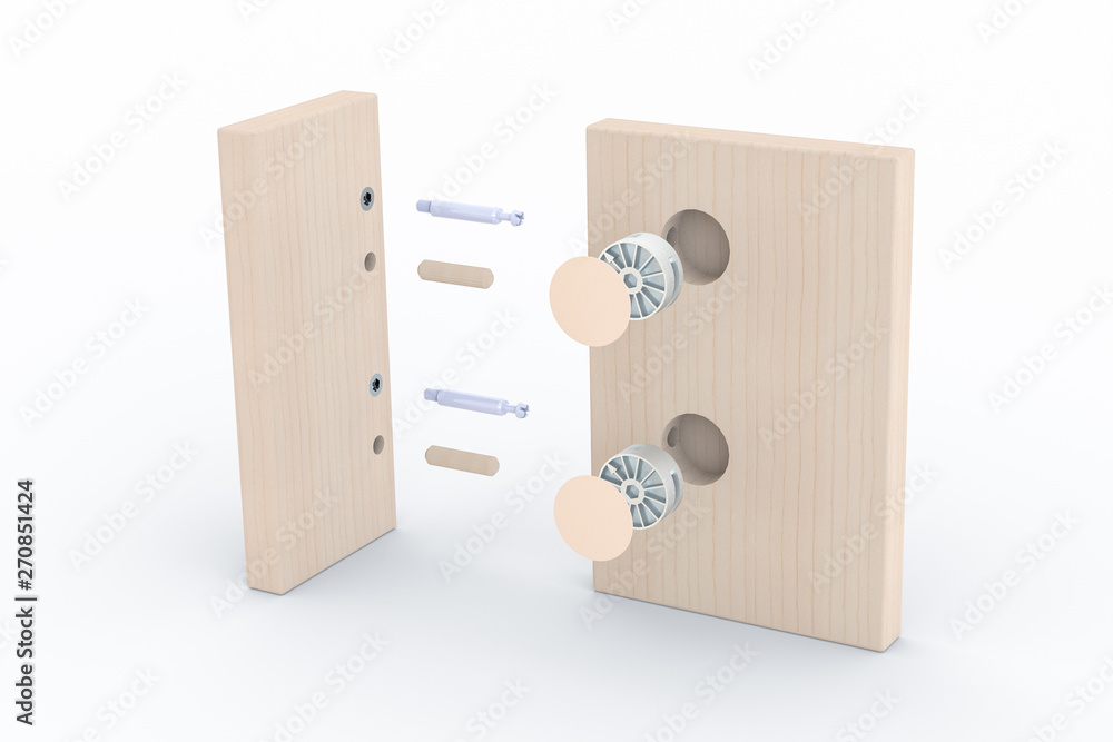 Bed furniture connection of two wood parts with maxifix. Metal self ...