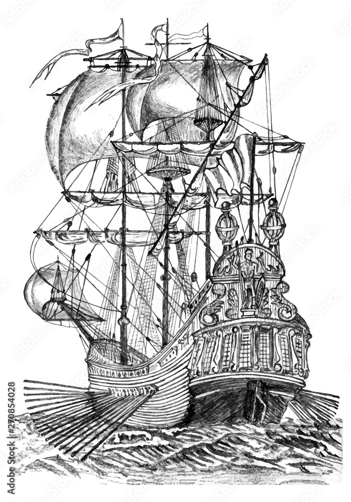 Drawing vector illustration of the old wooden vessel with many sails in ...
