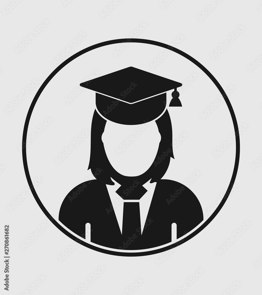 Female graduate student profile icon with gown and cap. Flat style ...