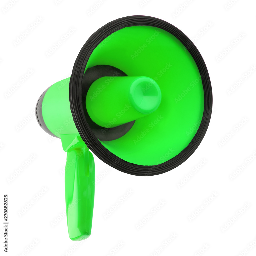 Green megaphone on white background isolated close up, hand loudspeaker ...