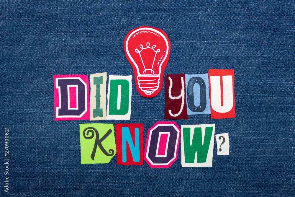 DID YOU KNOW text word collage, colorful fabric on blue denim ...