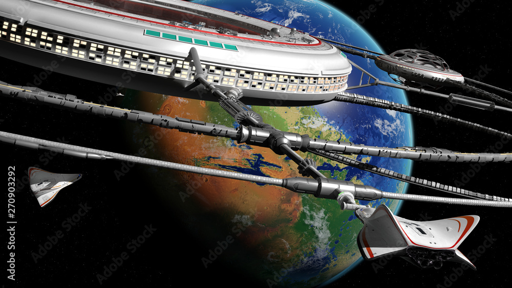 space station with spaceships in orbit of the terraformed planet Mars ...