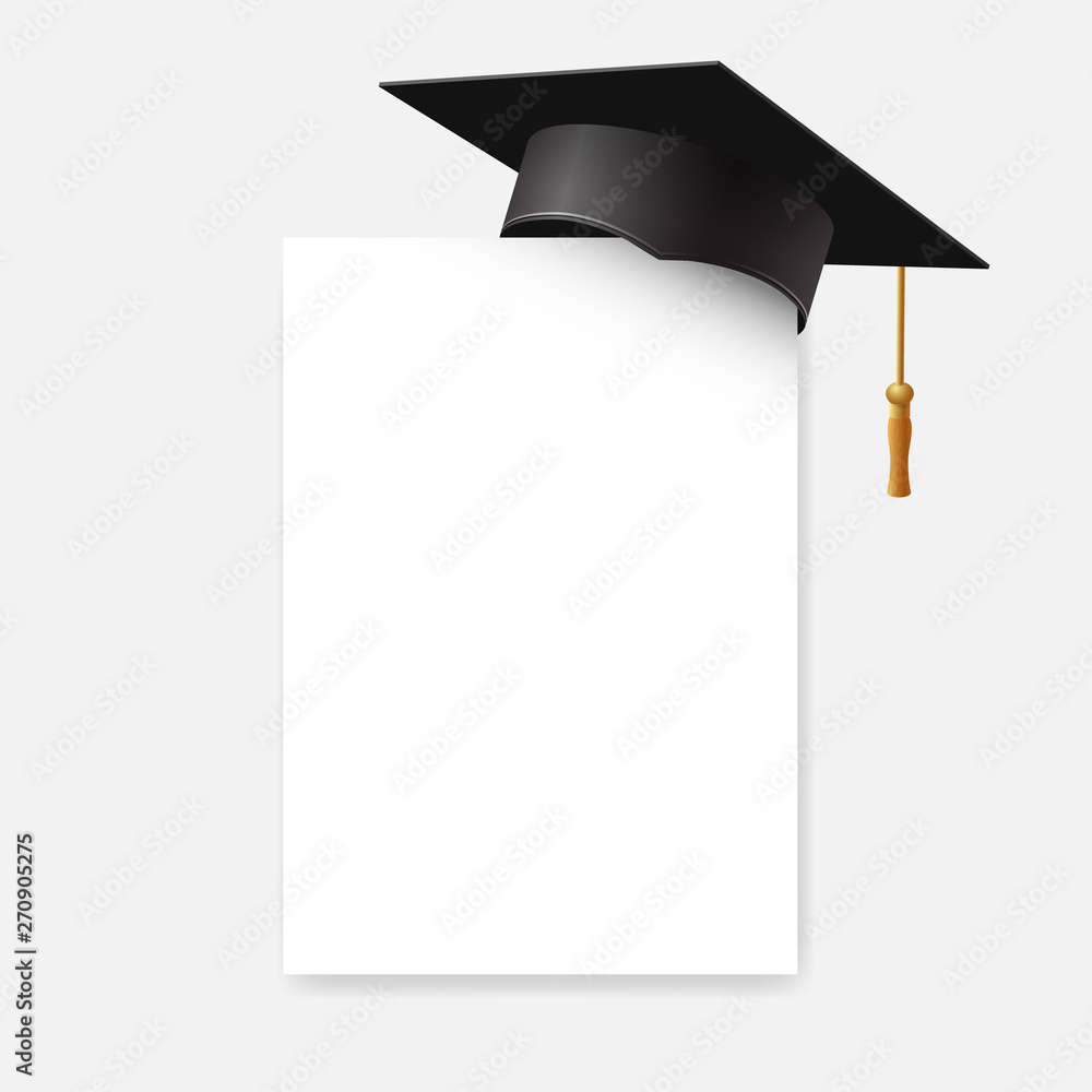 Graduation cap or mortar board on paper corner. Vector education design ...
