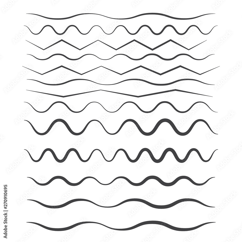Set of wavy horizontal thin and thick lines. Waves outline icon. Wave ...