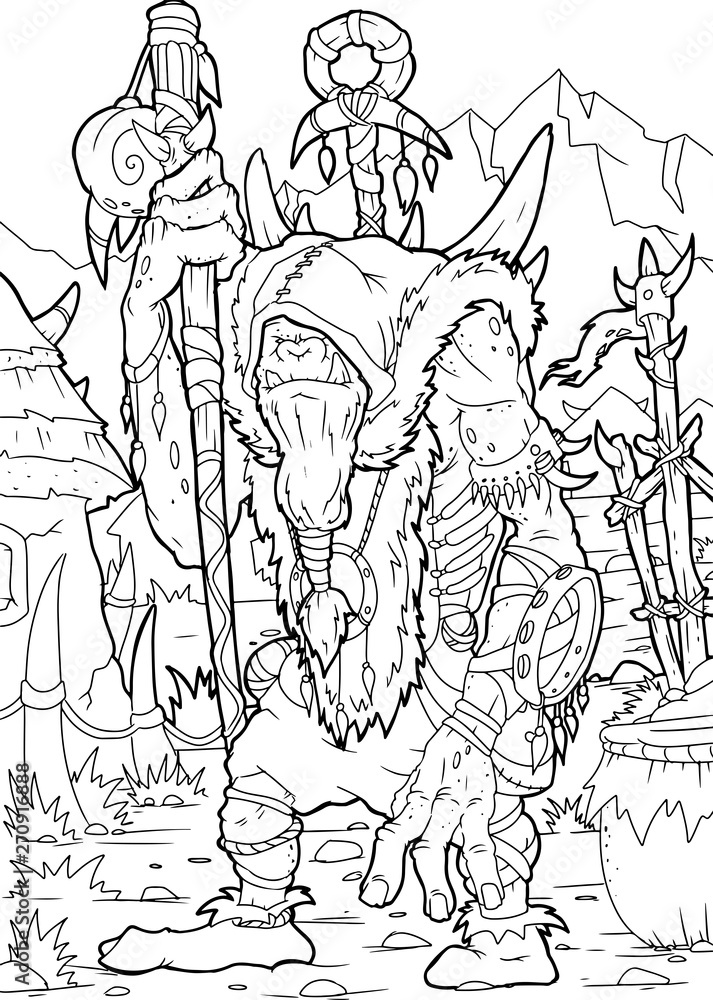 hand-drawn shaman, cartoon wizard, coloring page, A4 Stock Vector ...