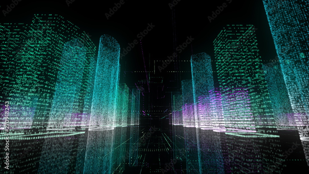 3d animation binary business city wireframe bright building ...