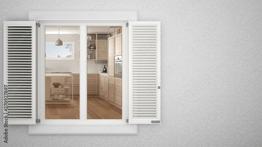 Exterior plaster wall with white window with shutters, showing interior ...