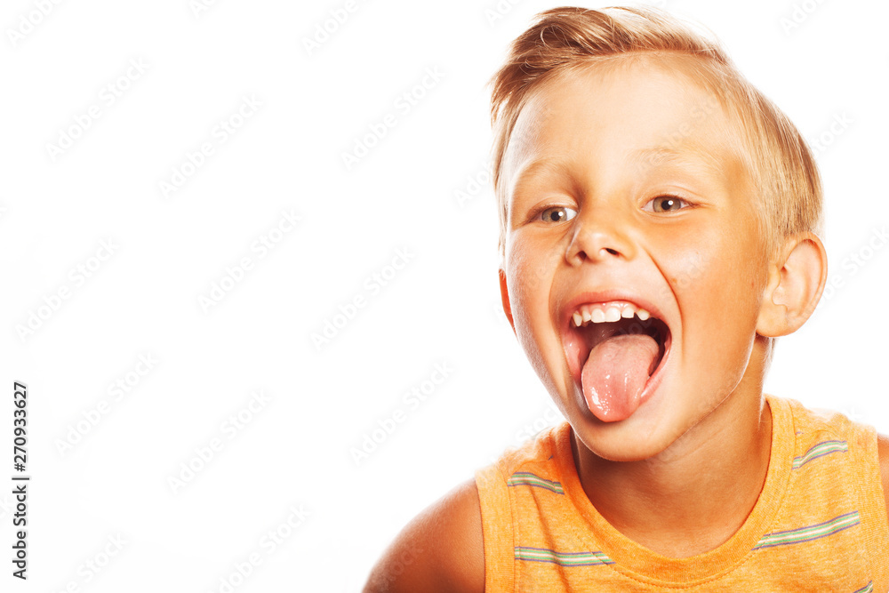 Close up of pretty little boy with blond hair screaming loudly, showing ...